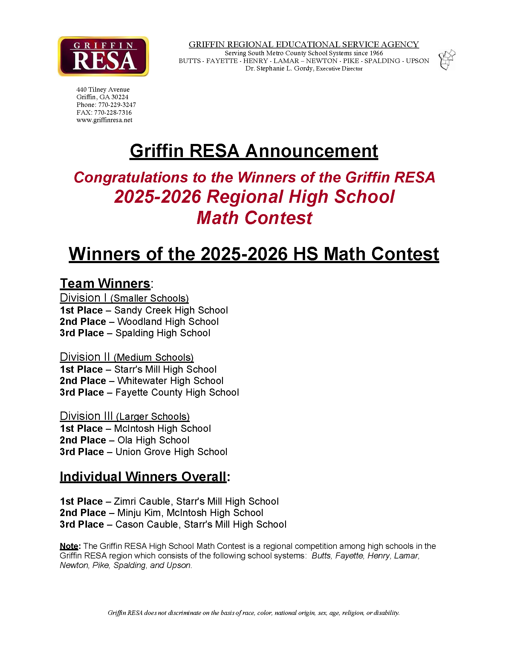 Congrats to Regional HS Math Competition Winners - Griffin RESAGriffin RESA